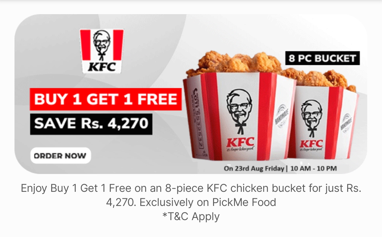 KFC Buy 1 Get 1 Free (8pcs bucket) @ Pickme (Rs4697) | ElaKiri